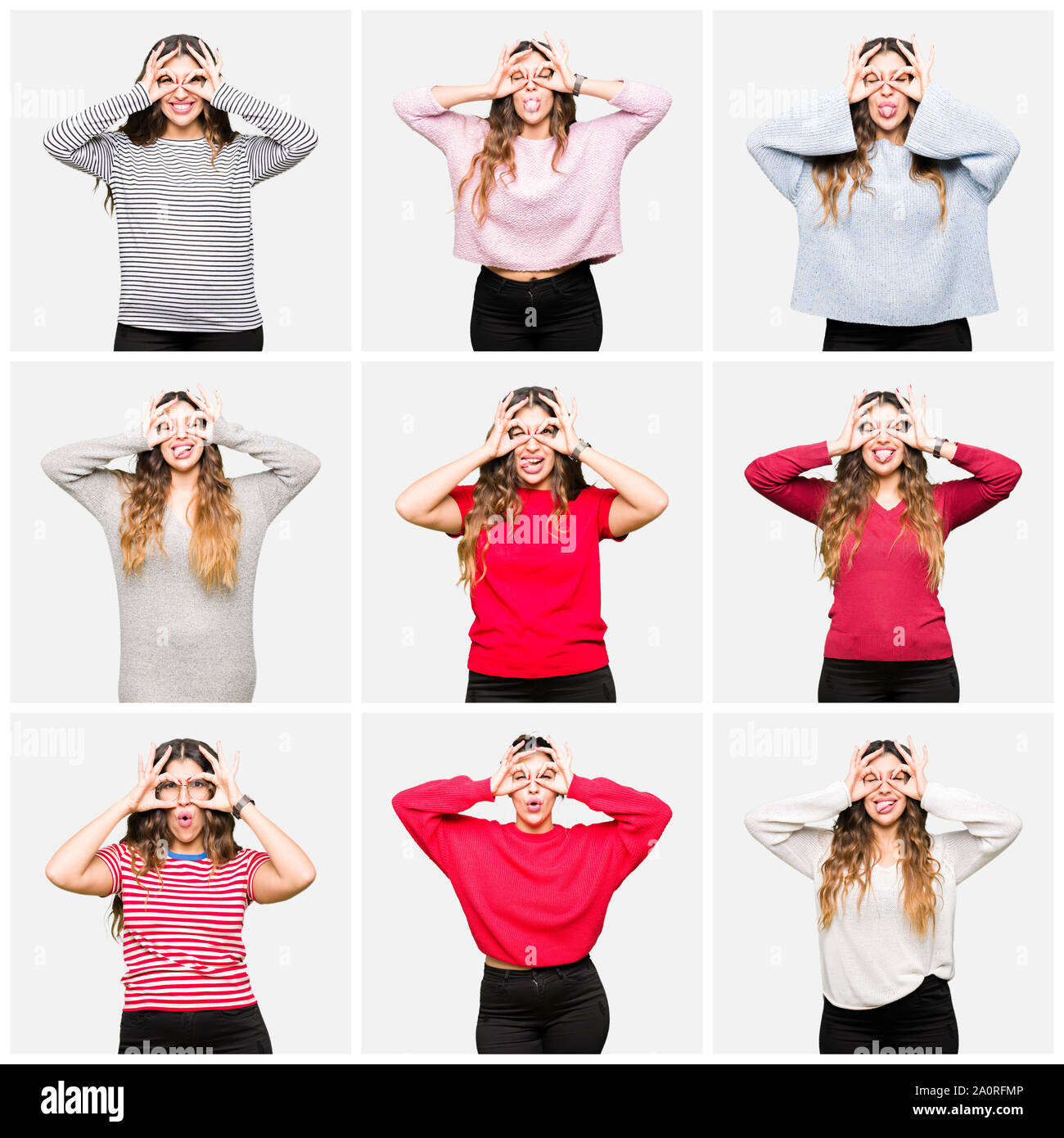 Collage of beautiful young woman wearing different looks over white ...