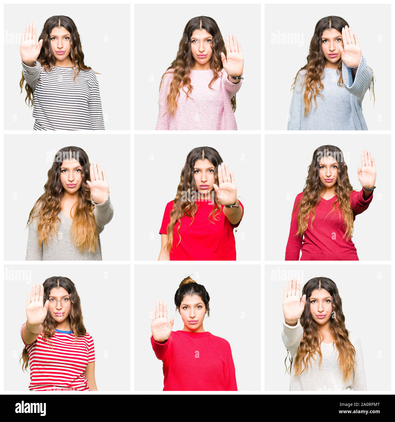 Collage of beautiful young woman wearing different looks over white ...