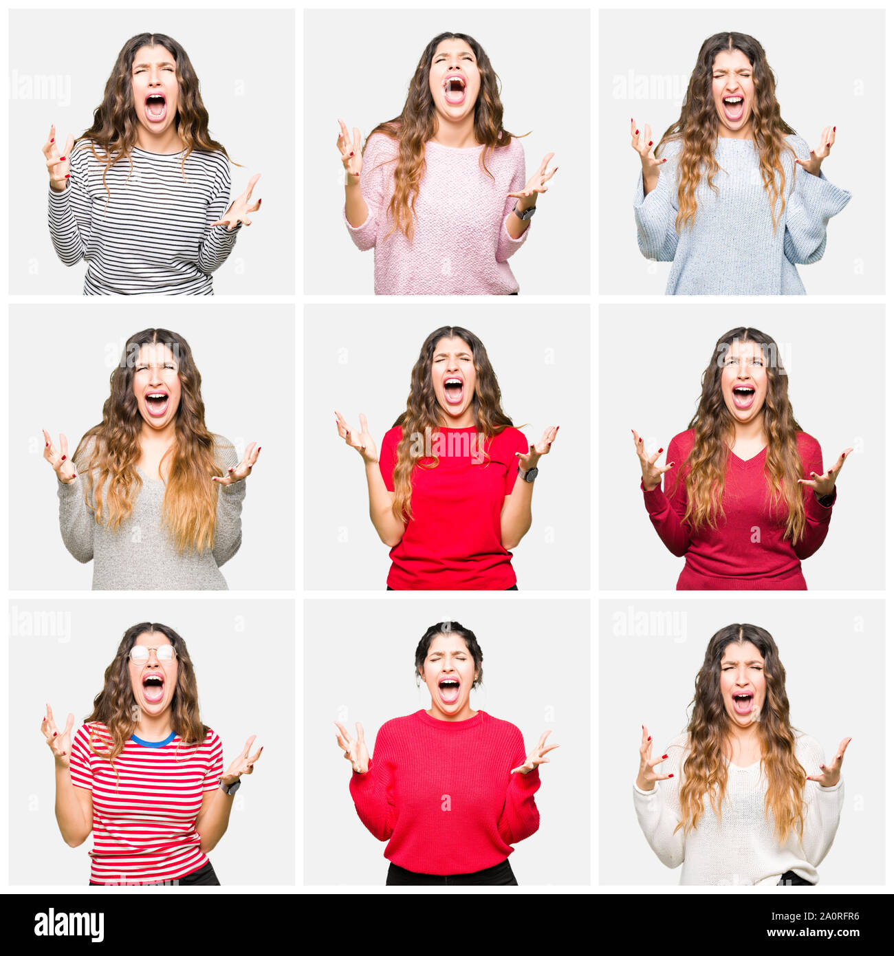 Collage of beautiful young woman wearing different looks over white ...