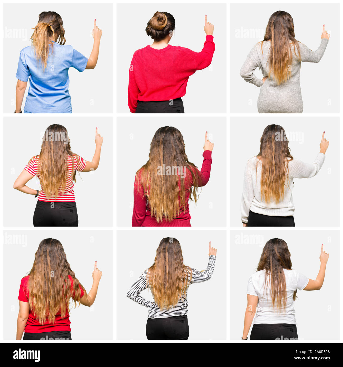 Collage of beautiful young woman wearing different looks over white ...