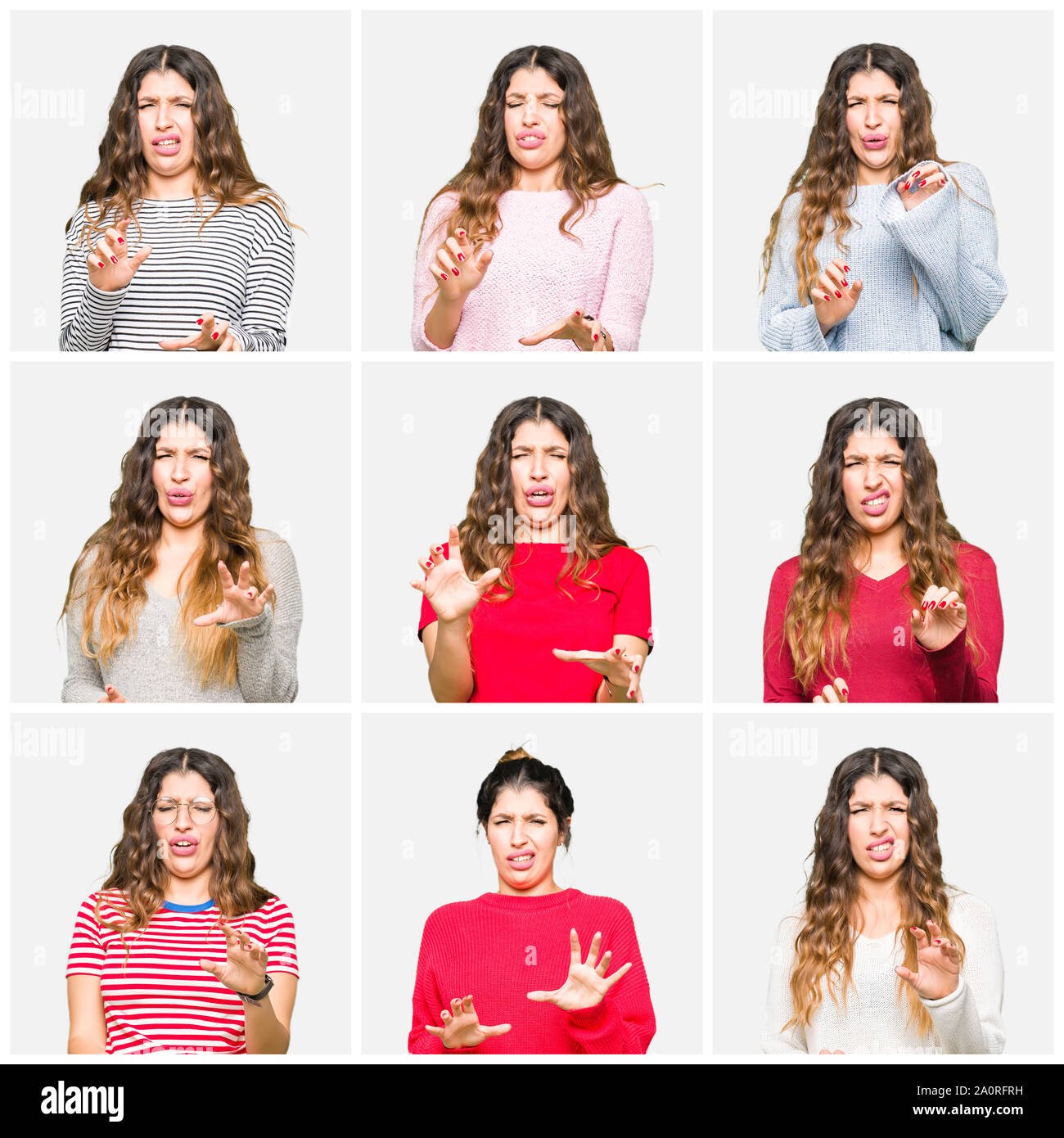 Collage of beautiful young woman wearing different looks over white ...