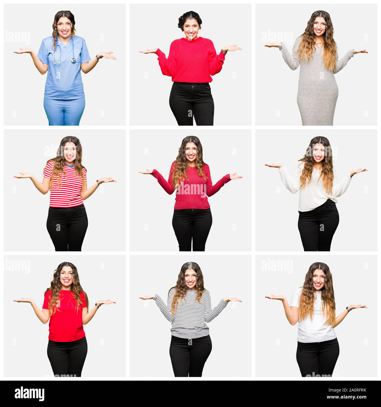 Collage of beautiful young woman wearing different looks over white ...