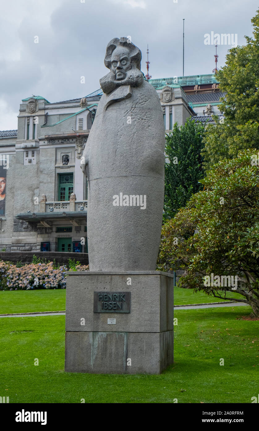 Statue of Henrik Ibsen outside the old Bergen Opera House, the National ...