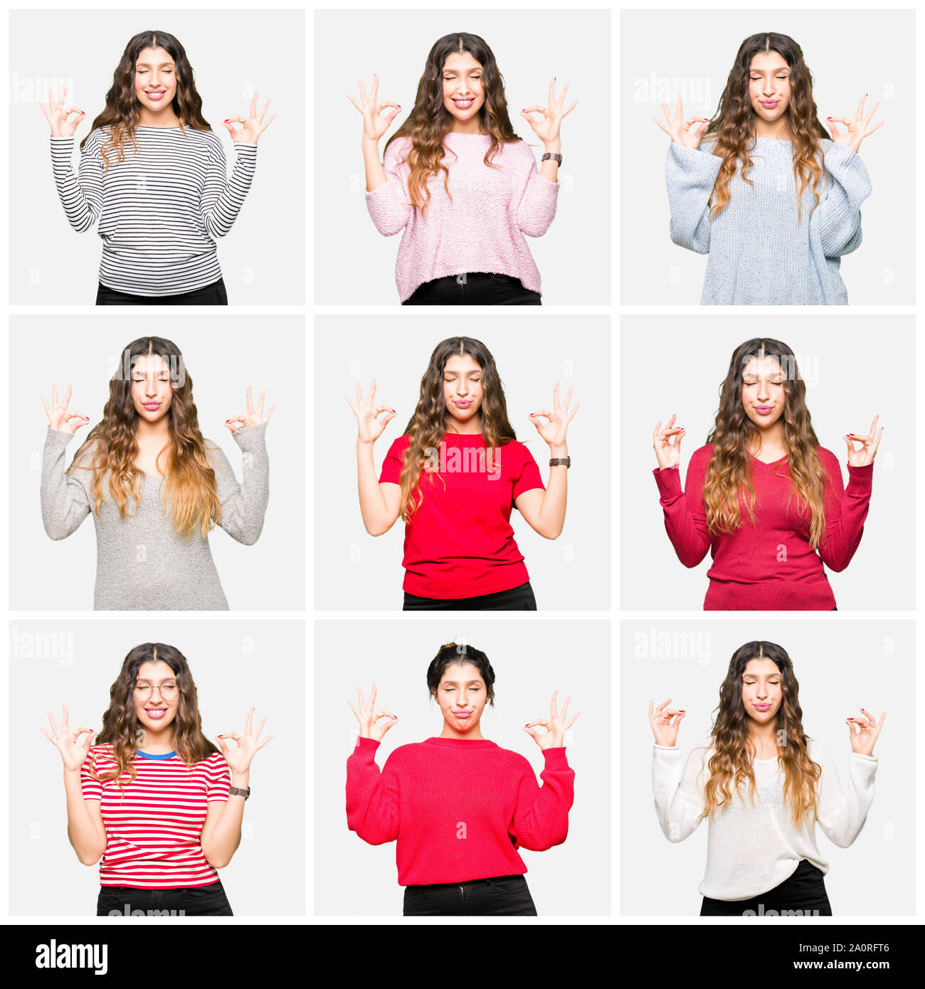 Collage of beautiful young woman wearing different looks over white ...