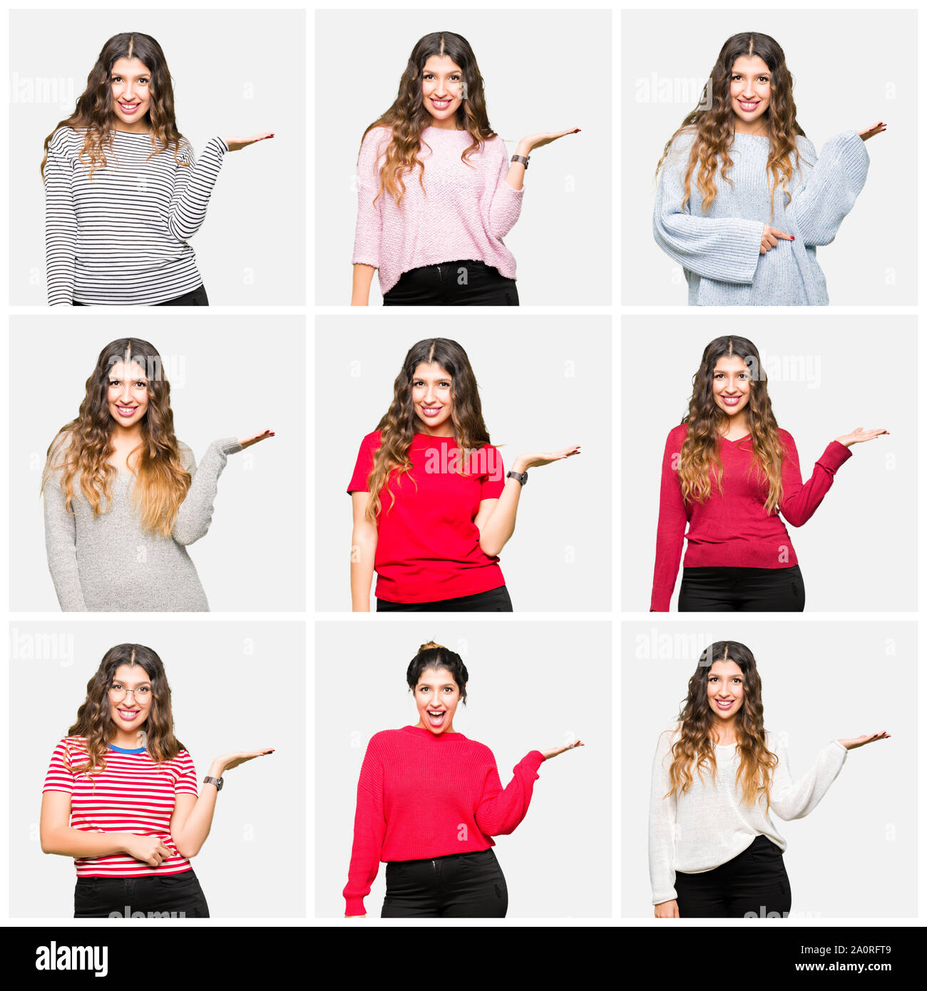 Collage of beautiful young woman wearing different looks over white ...