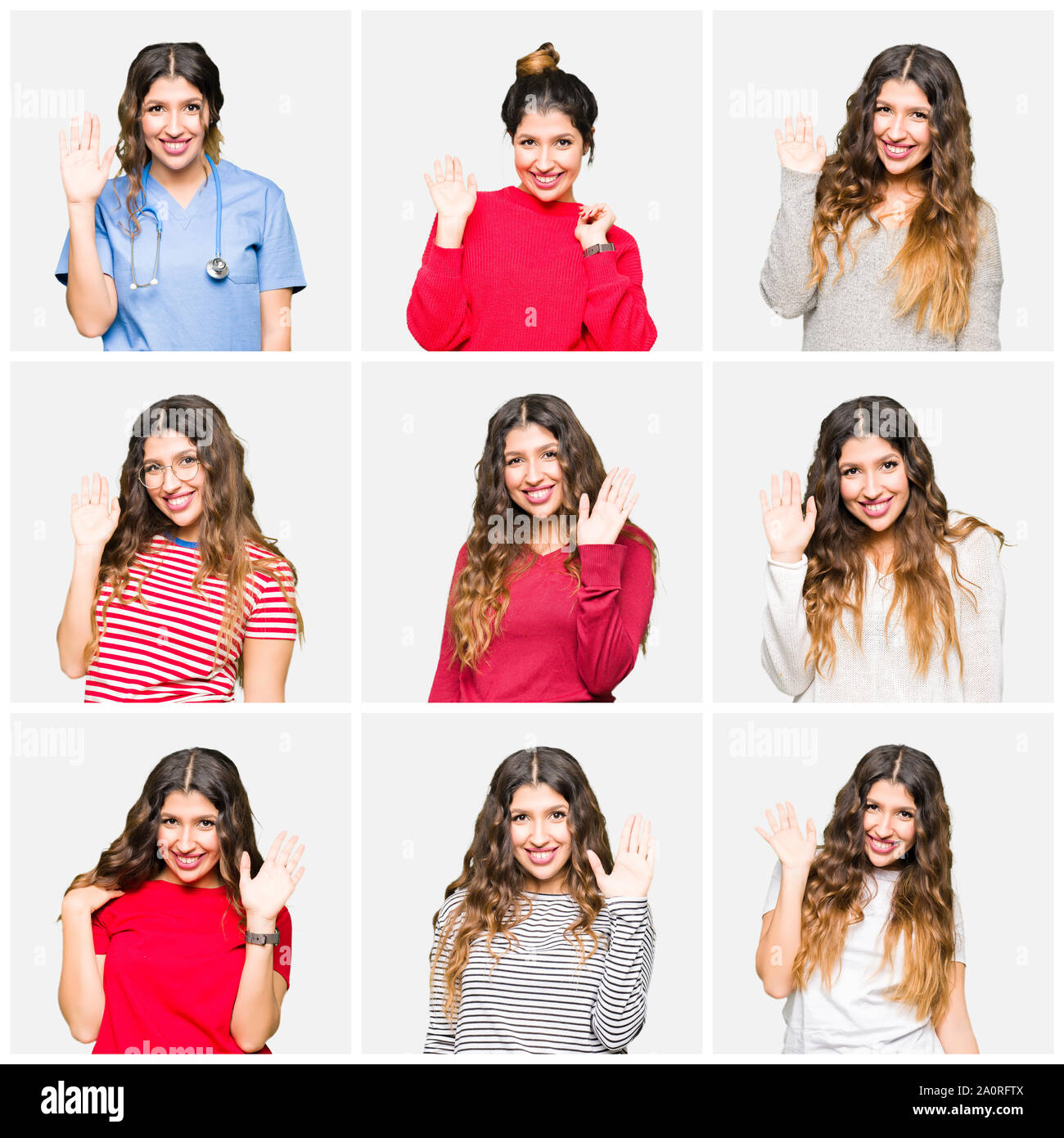 Collage of beautiful young woman wearing different looks over white ...