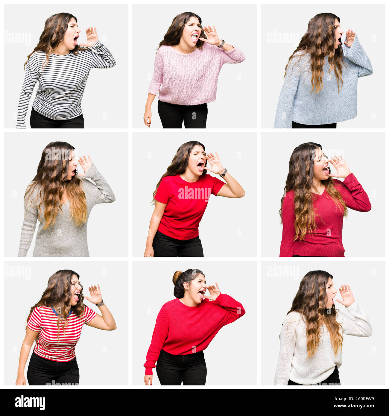 Collage of beautiful young woman wearing different looks over white ...