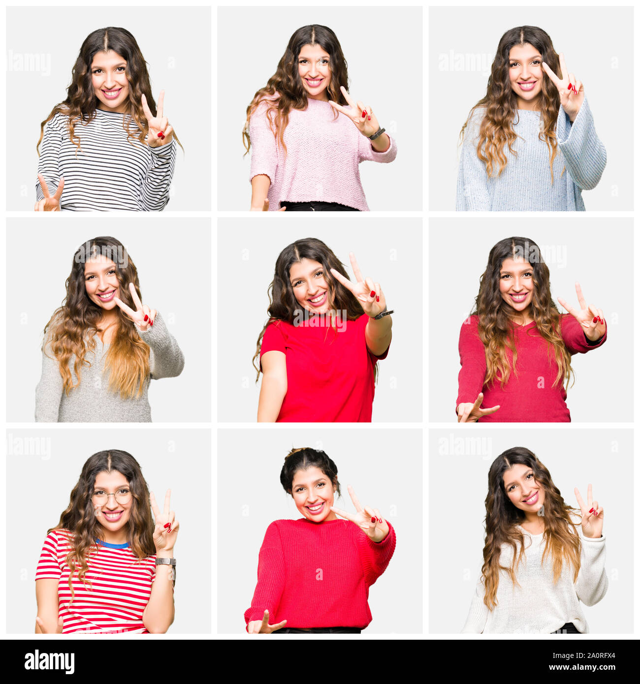 Collage of beautiful young woman wearing different looks over white ...