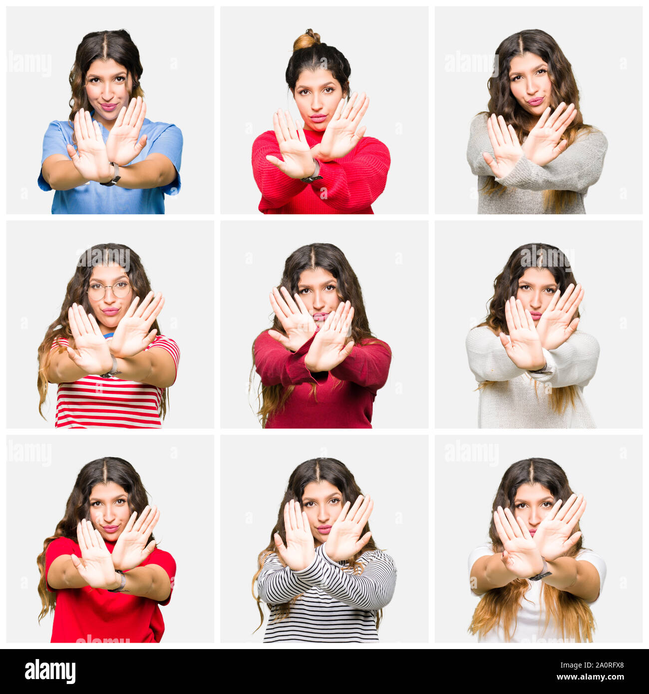 Collage of beautiful young woman wearing different looks over white ...