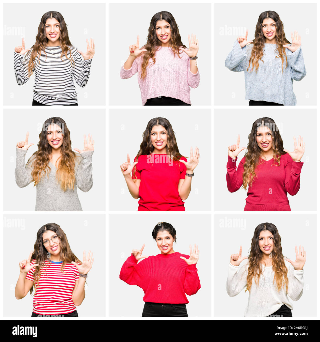 Collage of beautiful young woman wearing different looks over white ...