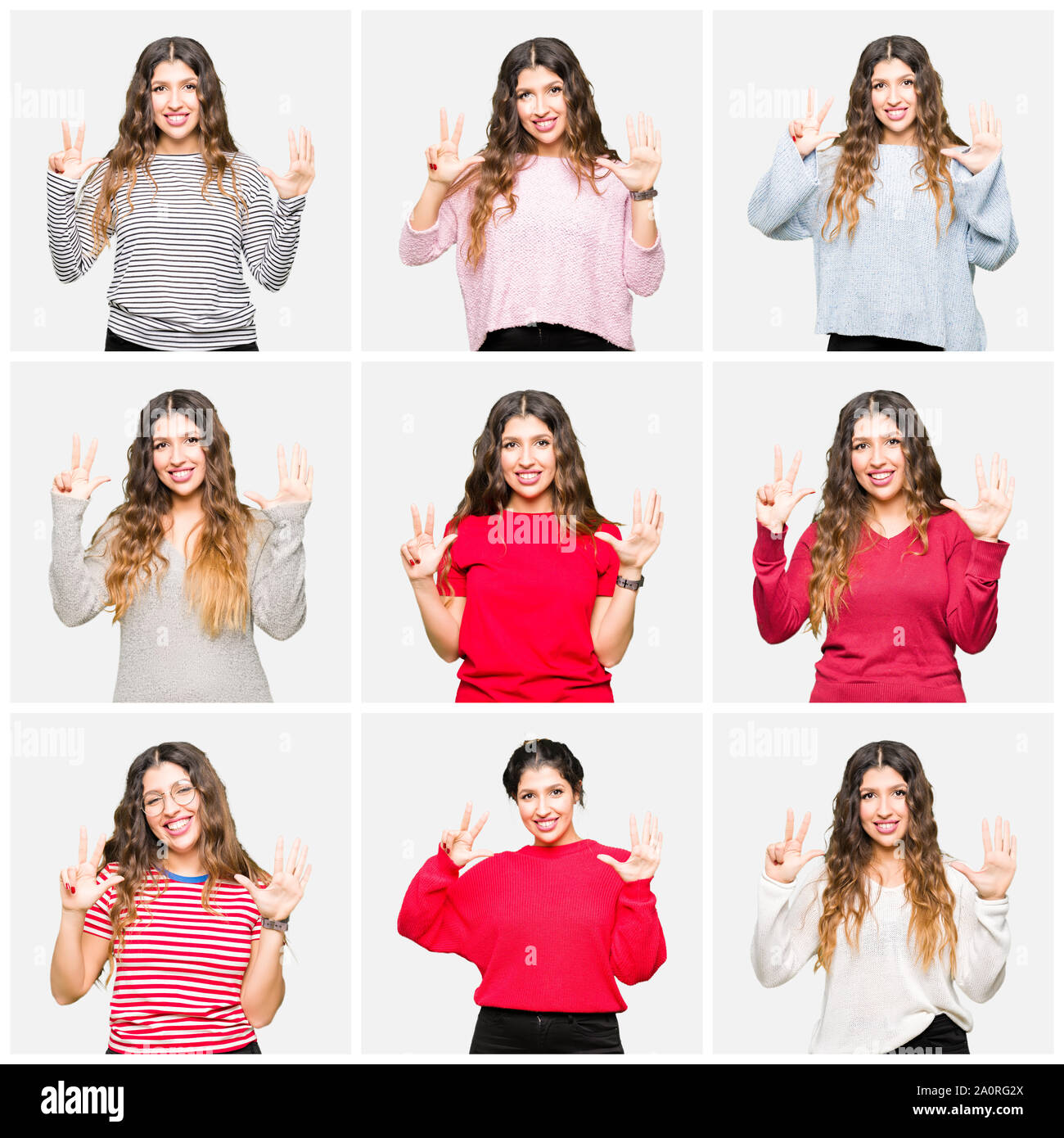 Collage of beautiful young woman wearing different looks over white ...