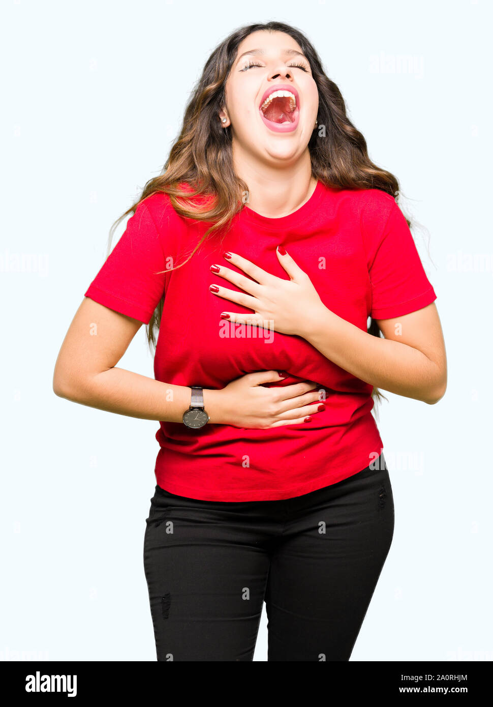 Young Beautiful Woman Wearing Casual T Shirt Smiling And Laughing Hard