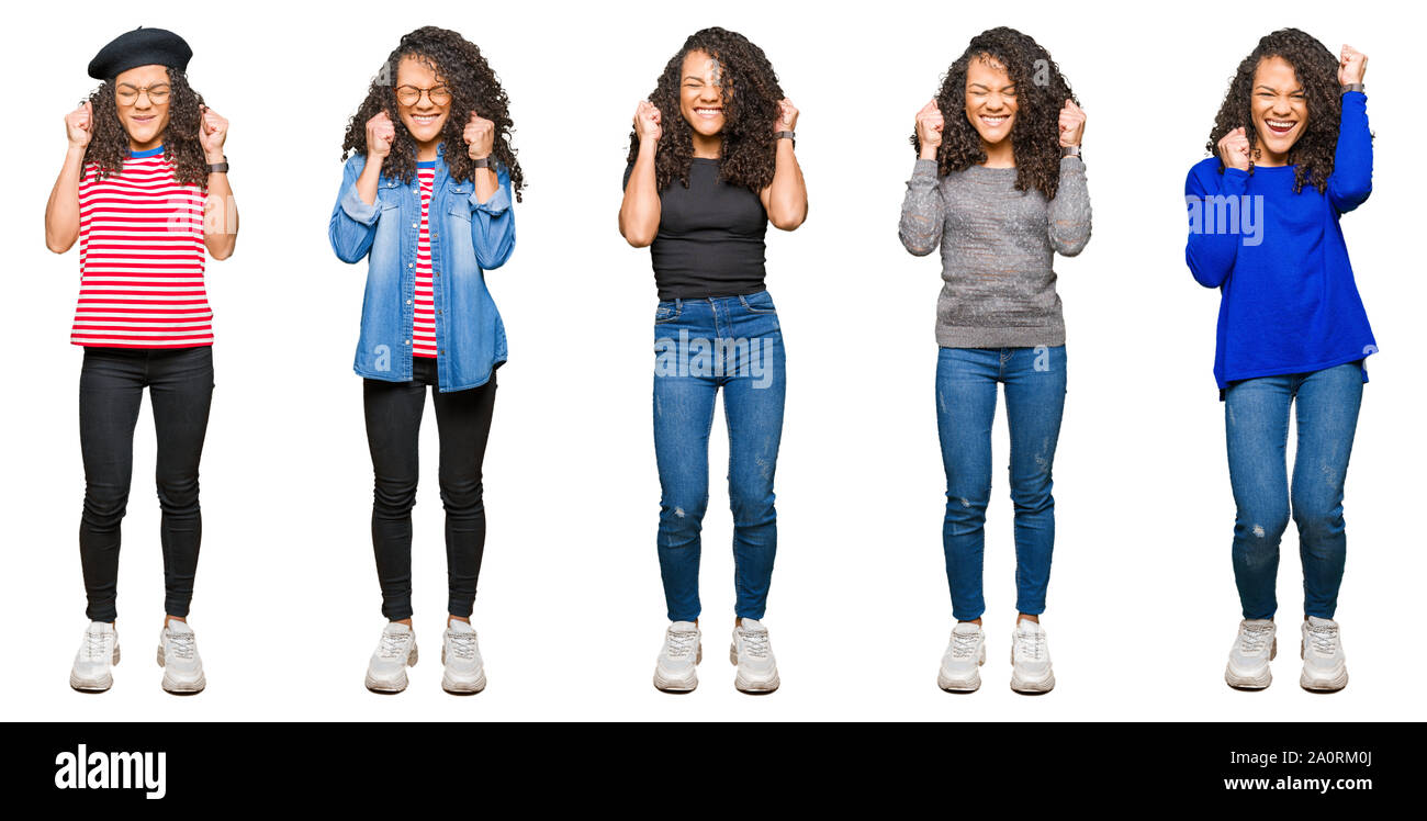 Collage of beautiful young woman with curly hair over white isolated ...