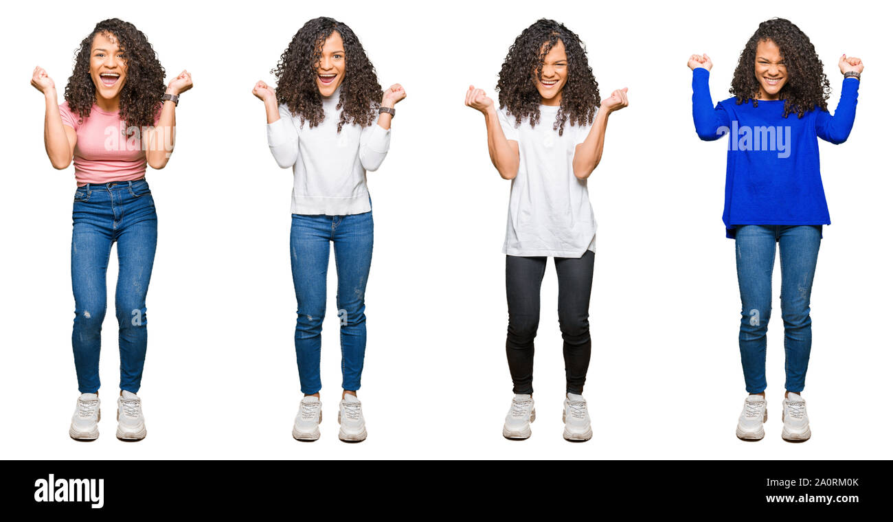 Collage of beautiful young woman with curly hair over white isolated ...