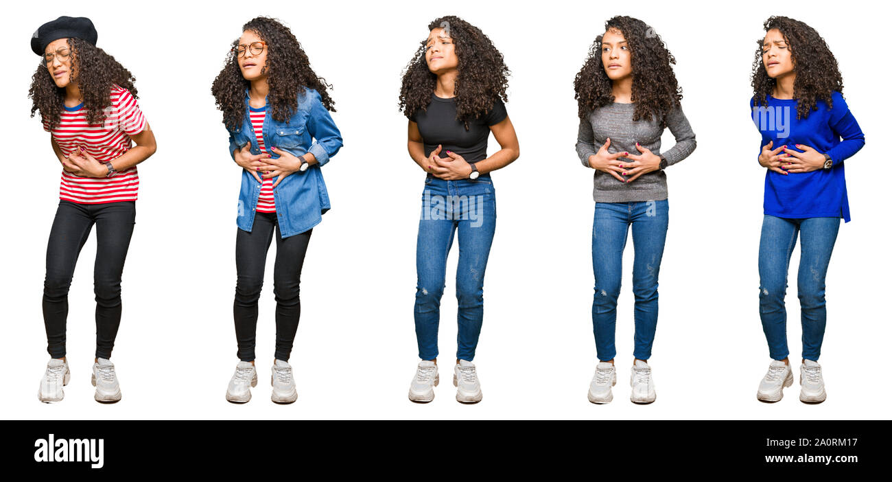 Collage of beautiful young woman with curly hair over white isolated ...
