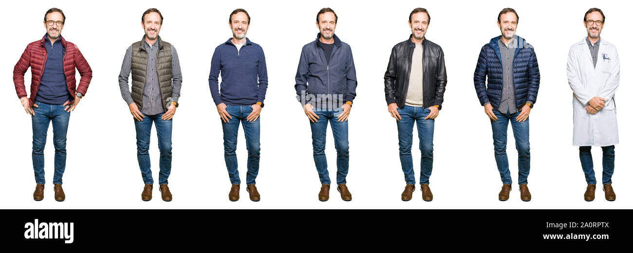 Collage of handsome middle age man wearing different looks over white ...