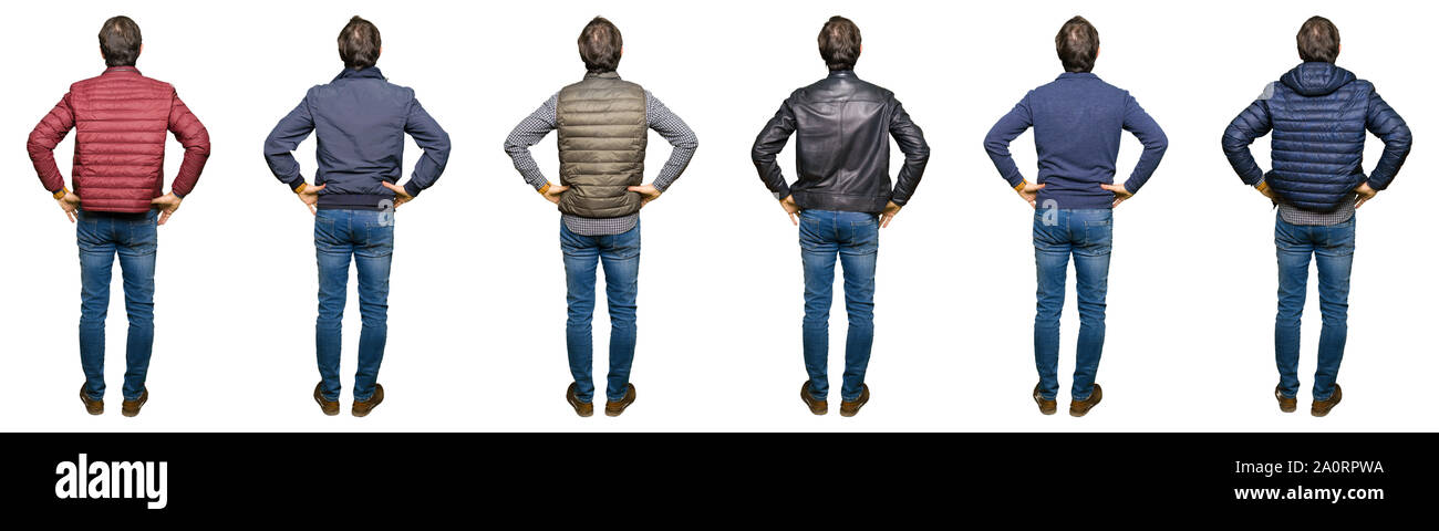 Collage of handsome middle age man wearing different looks over white ...