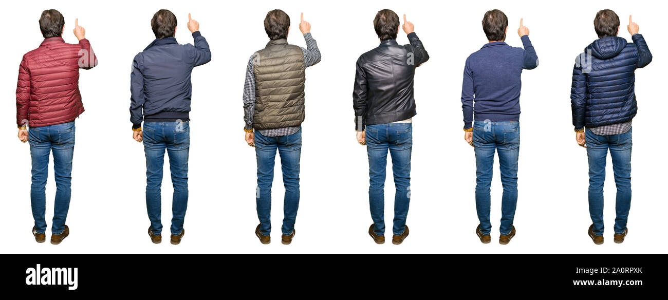 Collage of handsome middle age man wearing different looks over white ...