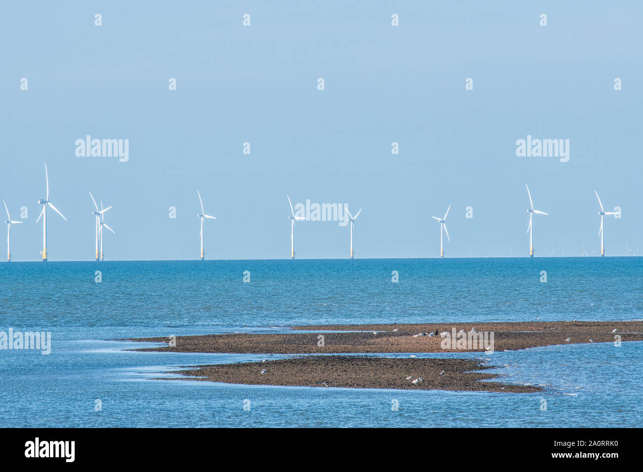 Offshore wind farms on the Kent coast in late summer between Herne Bay ...