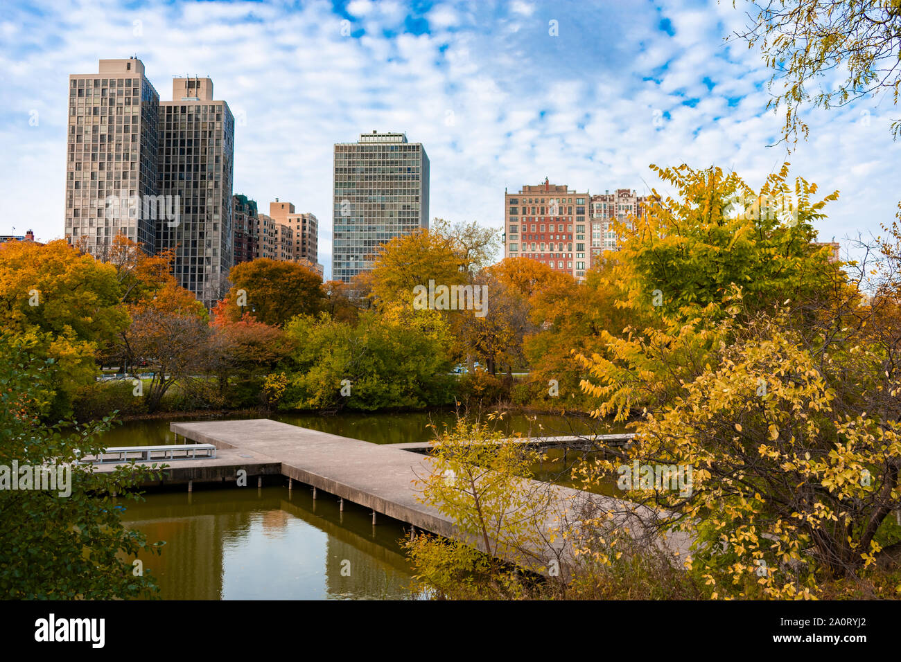 North Pond Walkway during Autumn in Lincoln Park Chicago with Buildings ...