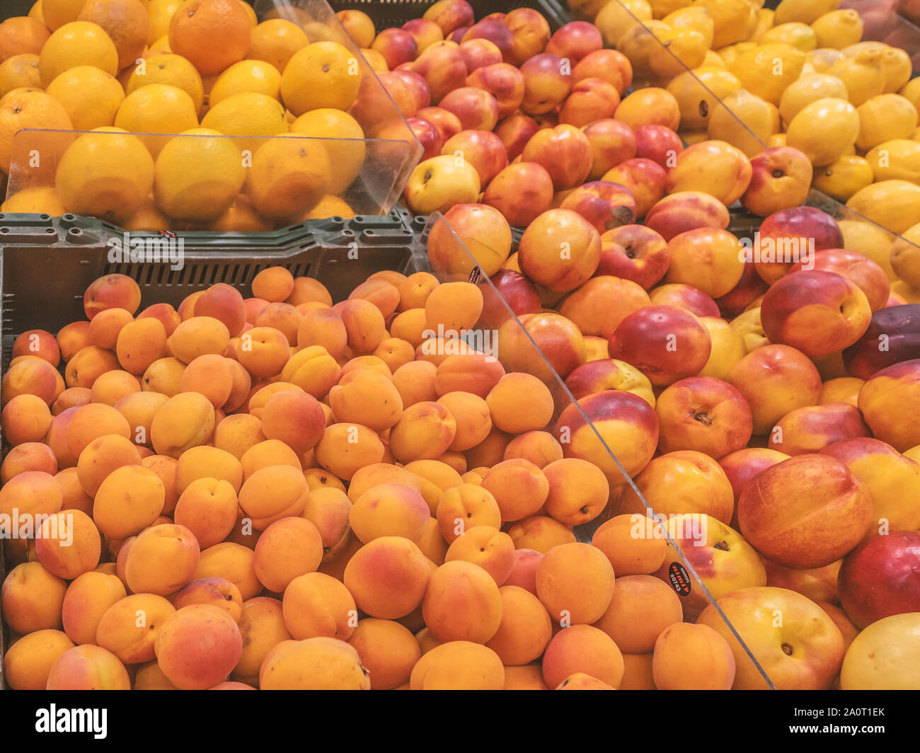 fruit counter in the store, fruit boxes in the grocery store Stock ...