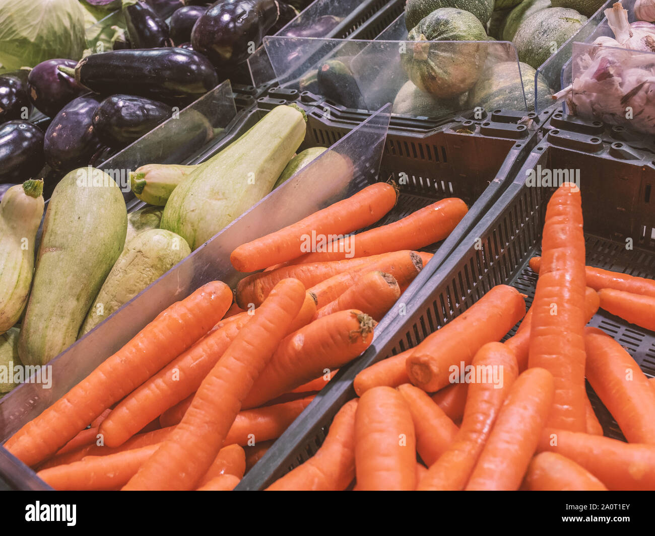 vegetables counter in the store, vegetables boxes in the grocery store ...