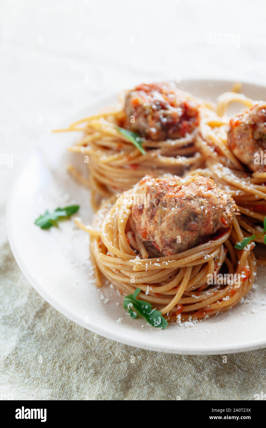 Original Italian Spaghetti With Meatballs In Tomato Sauce Stock Photo ...