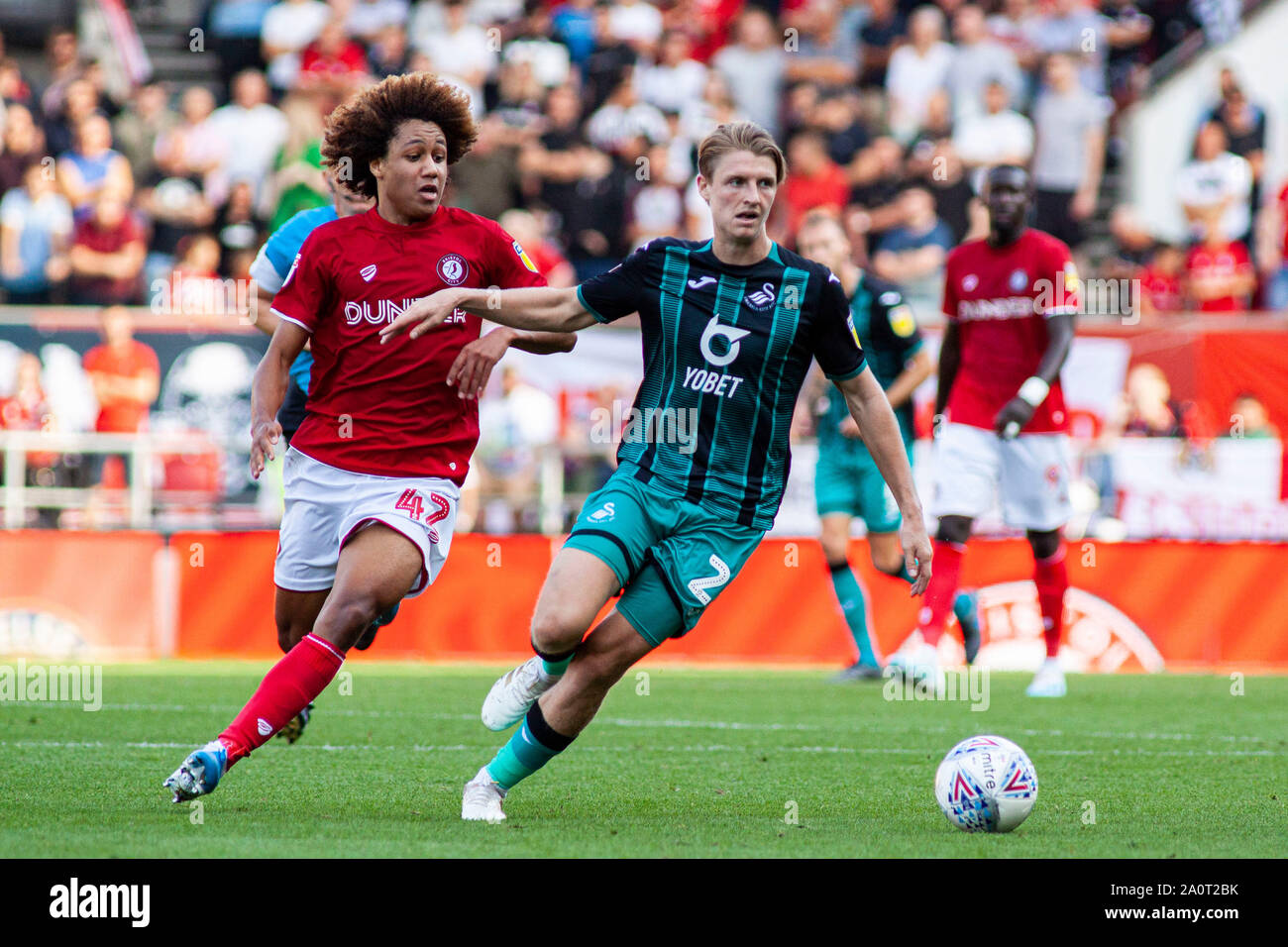 Bristol, UK. 21st Sep, 2019. George Byers (R) of Swansea City in action ...
