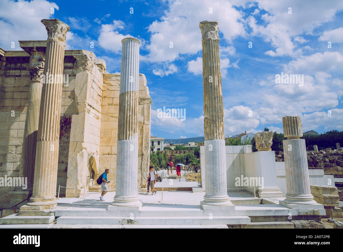 City Athens, Greek Republic. Historic building ruins. Tourists and city ...
