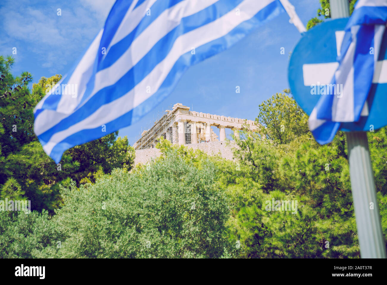 City Athens, Greece Republic. Greek flag and Acropolis. Sep 11 2019 ...