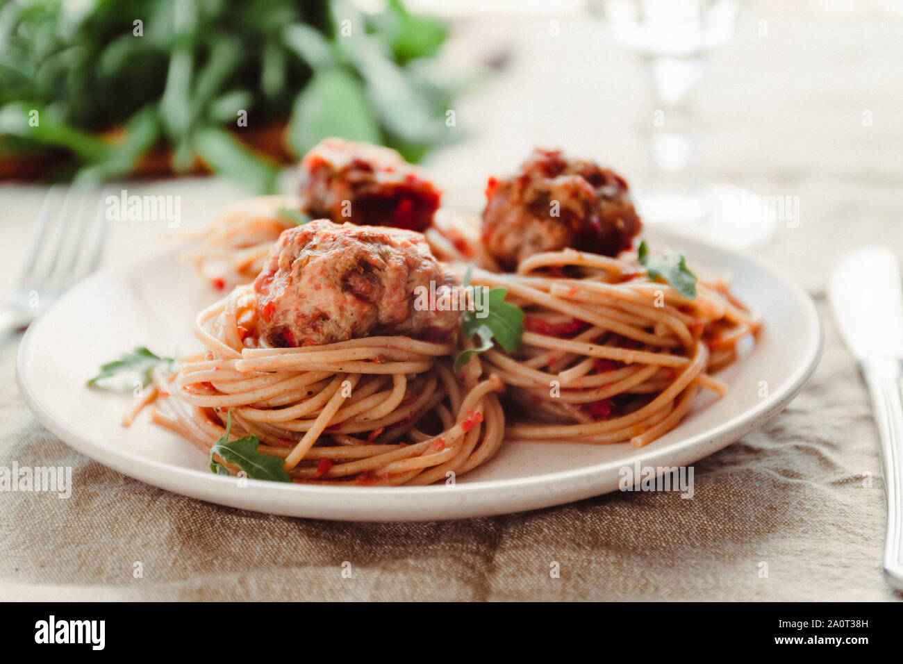 Original Italian Spaghetti With Meatballs In Tomato Sauce Stock Photo ...