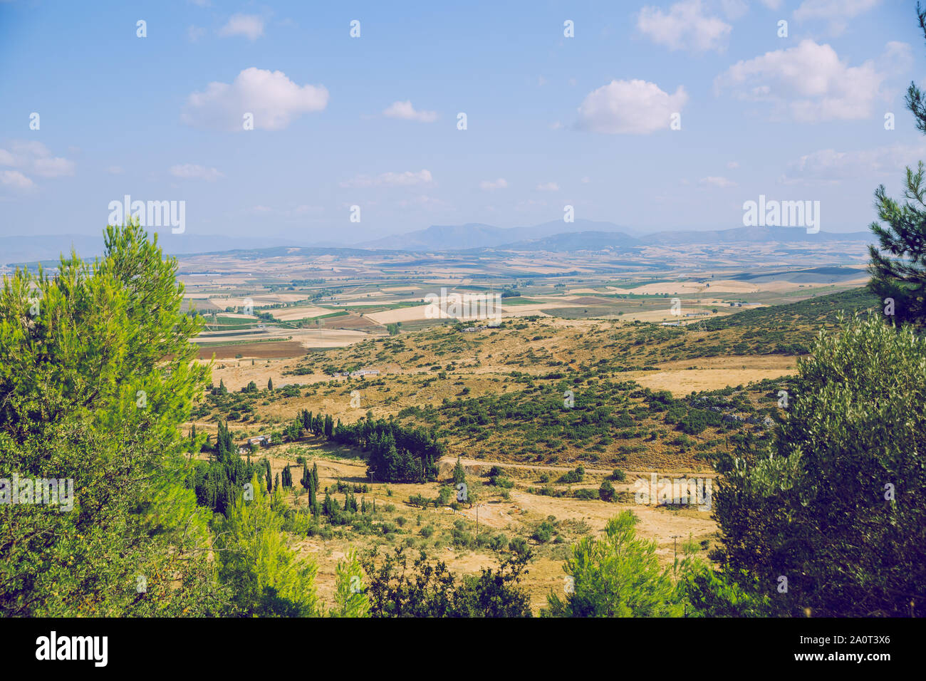 Greek Republic. Fields and mountains, grass and trees. In the distance ...