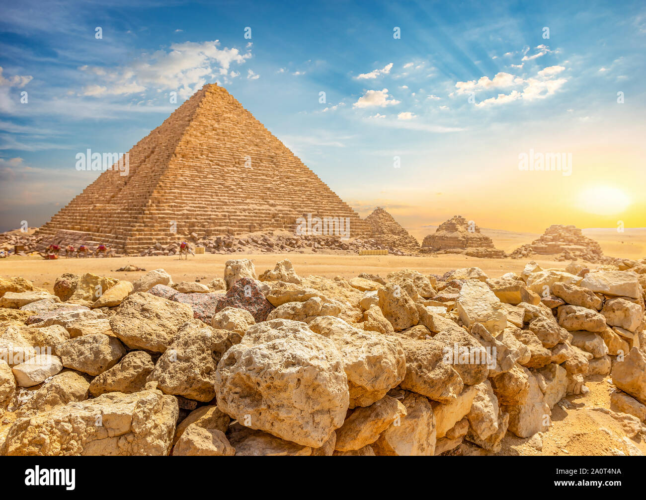 Stones around Great Pyramids in Giza at sunset, Egypt Stock Photo - Alamy