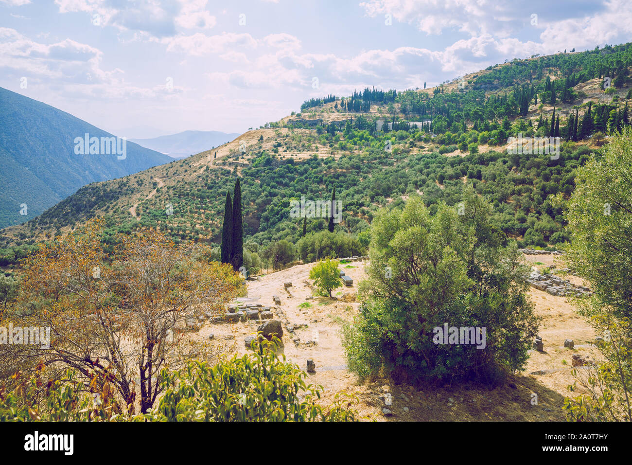City Delphi. Greek Republic. Fields and mountains, grass and trees. In ...