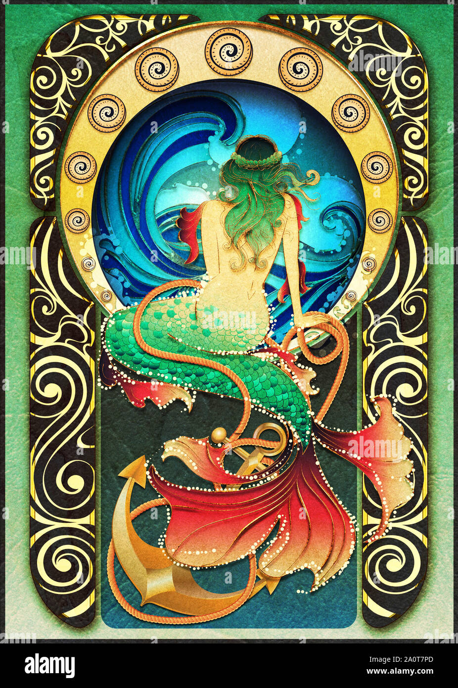 Grunge paper texture background with mermaid and sea waves, art nouveau ...