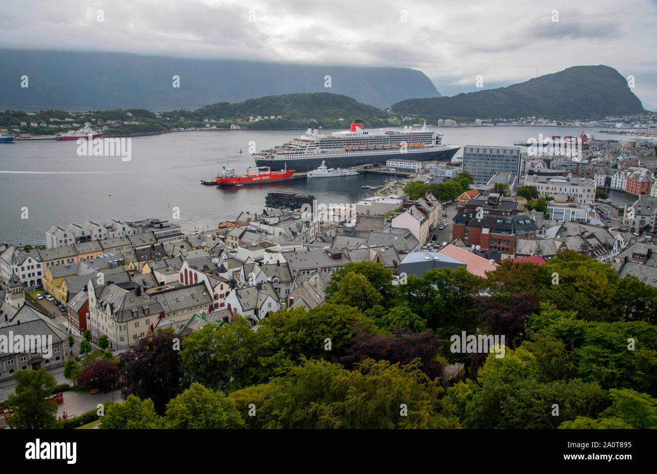 Fjellstua viewpoint, Alesund, looking out over the town with Queen Mary ...