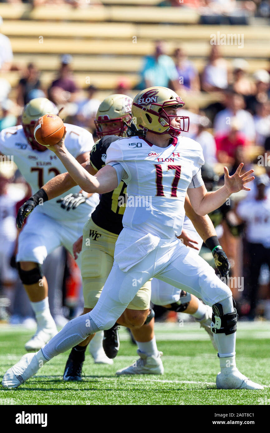 Winston-Salem, NC, USA. 21st Sep, 2019. Elon Phoenix quarterback Davis ...