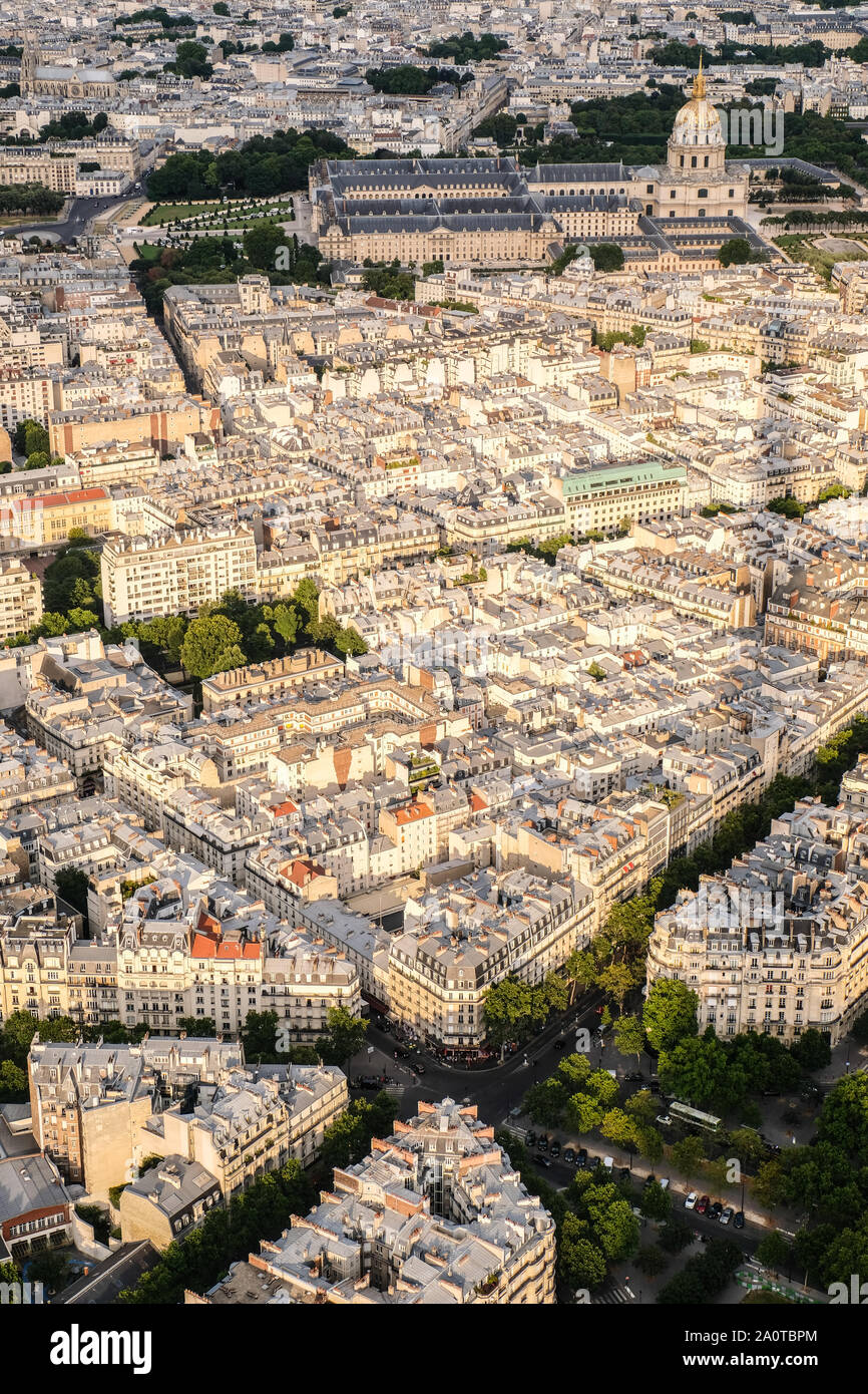 Bird's eye view of shadow of Eiffel Tower over Paris city blocks Stock ...