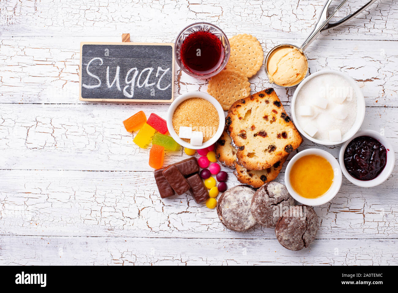 Unhealthy products high in sugar Stock Photo - Alamy