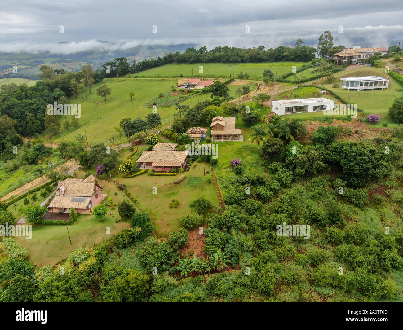 Aerial view of luxury villa in tropical valley. Monte Alegre Do Sul ...