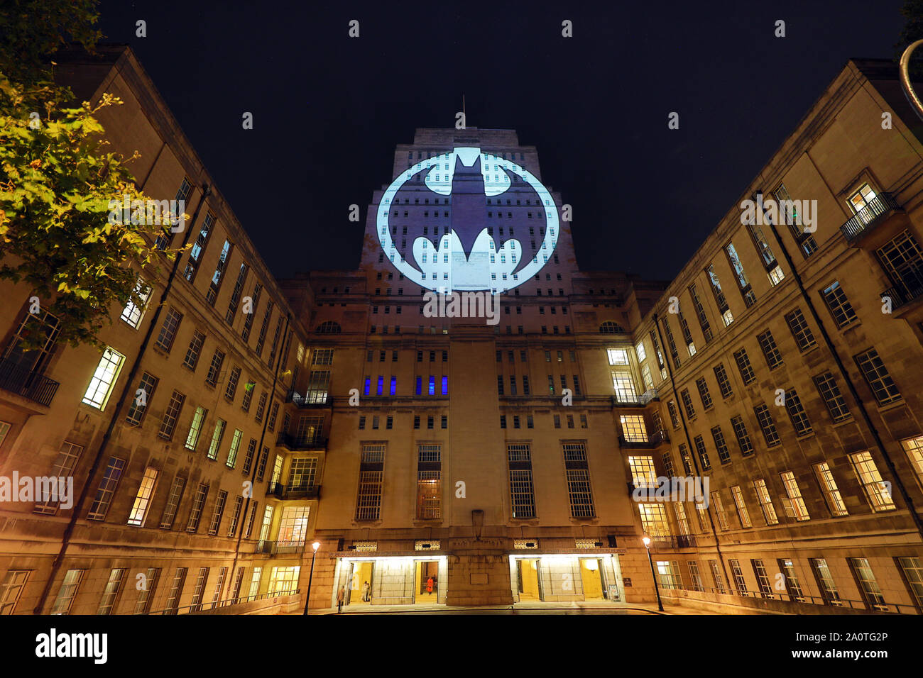 London, UK. 21st September 2019. Batman Bat signal projected on Senate ...