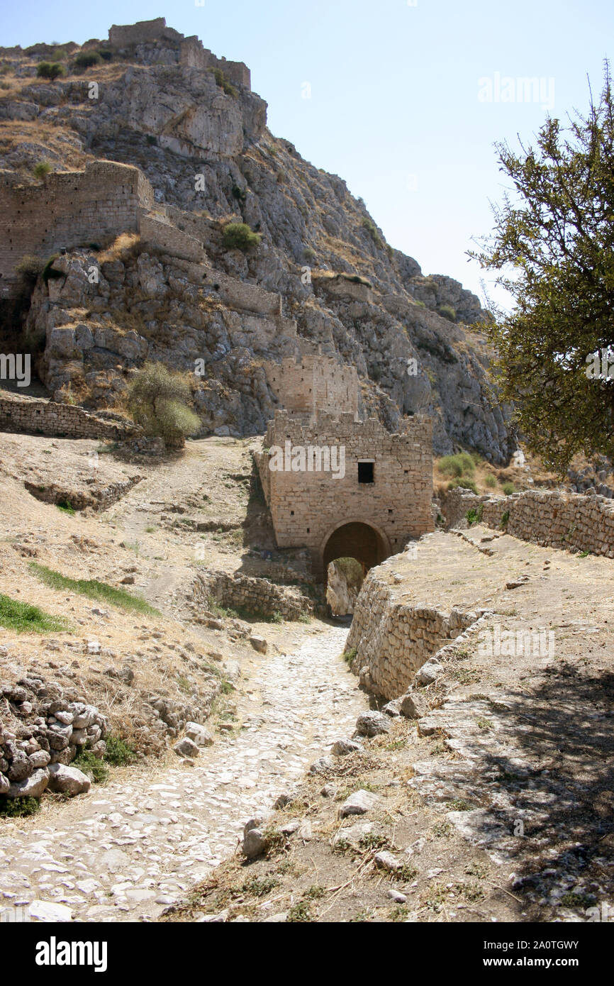 The gates of Acrocorinth Castle in ancient Corinth, Greece Stock Photo ...