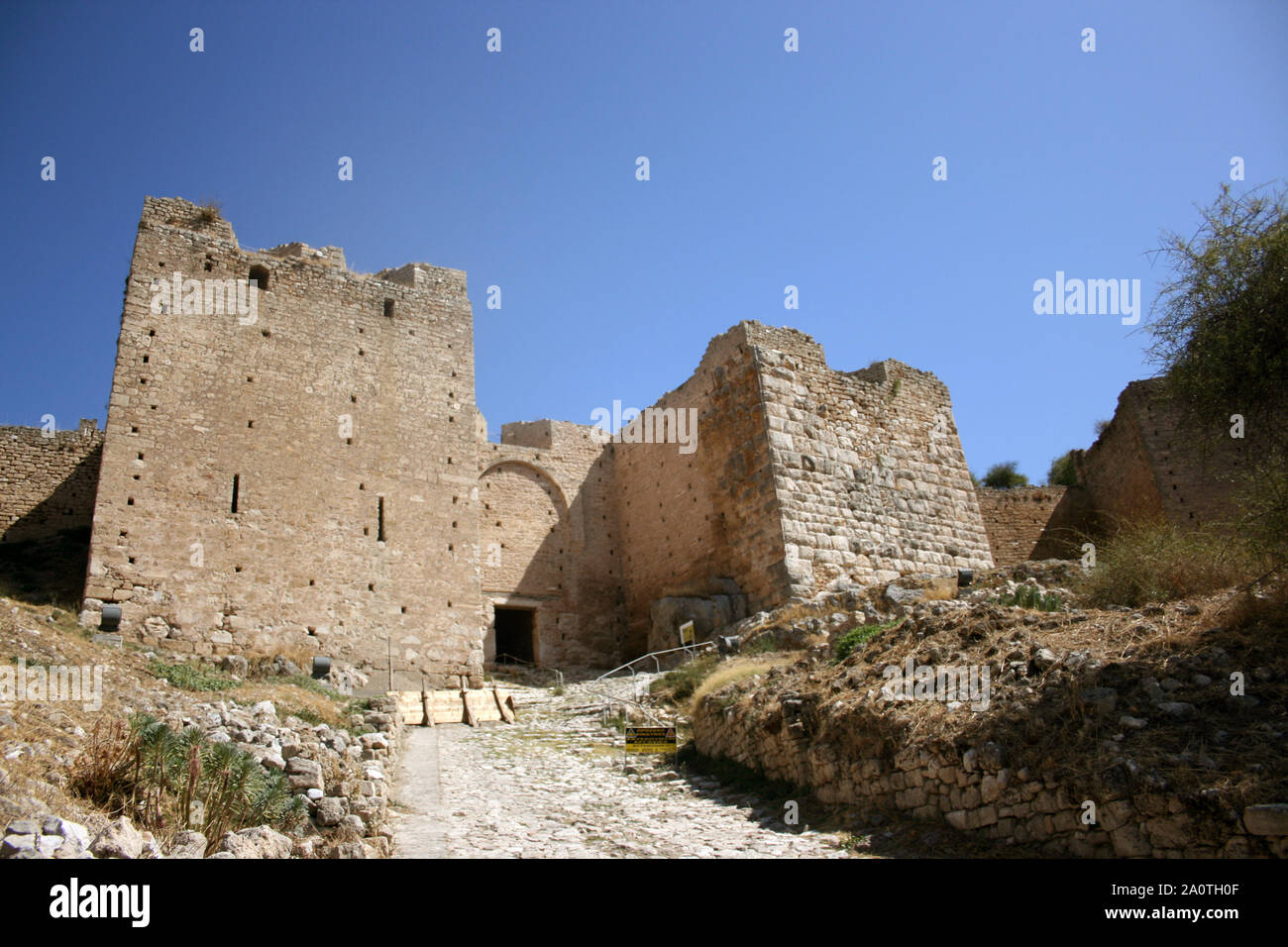 The gates of Acrocorinth Castle in ancient Corinth, Greece Stock Photo ...