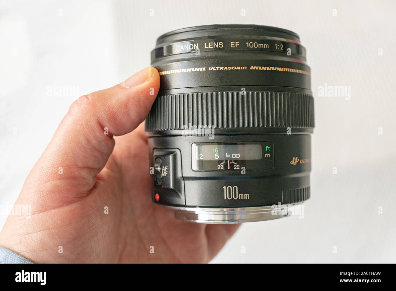 London UK - May 18 2019 Hand holding Canon camera Ef 100mm f2 lens on ...