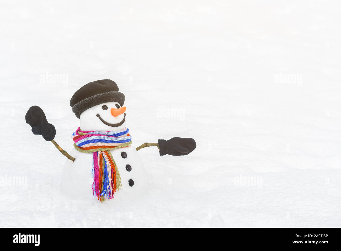 Funny snowman points the way. Snow-white background for text Stock ...