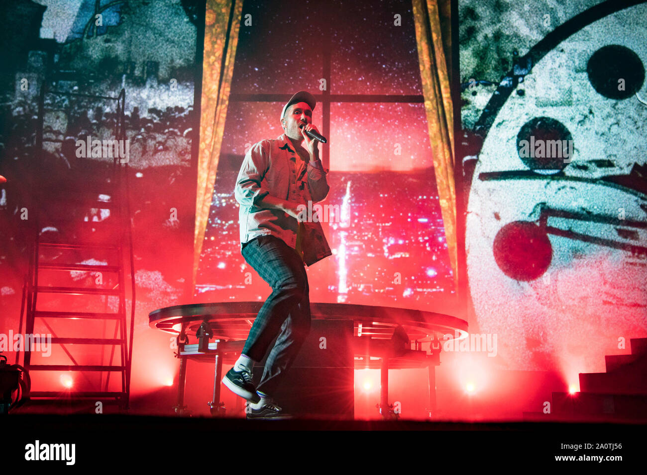 Lead singer of British Indie pop band, Bastille, Dan Smith performs a ...