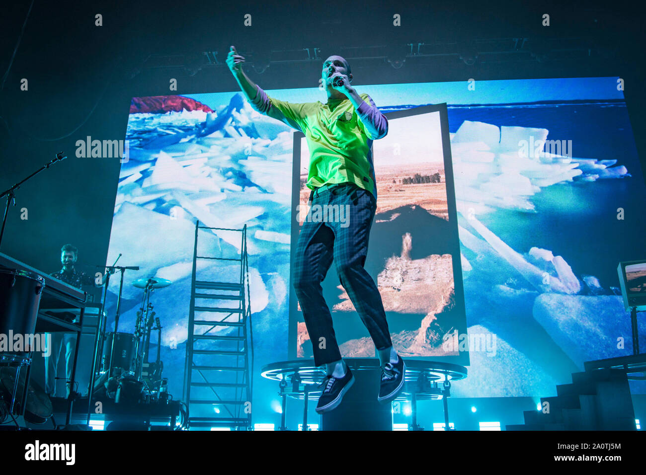 Lead singer of British Indie pop band, Bastille, Dan Smith performs a ...