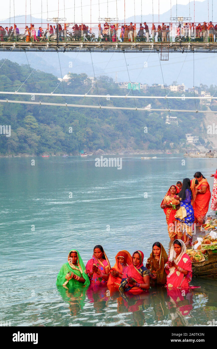 women doing holy ritual at Ganga river in Rishikesh,India Stock Photo ...