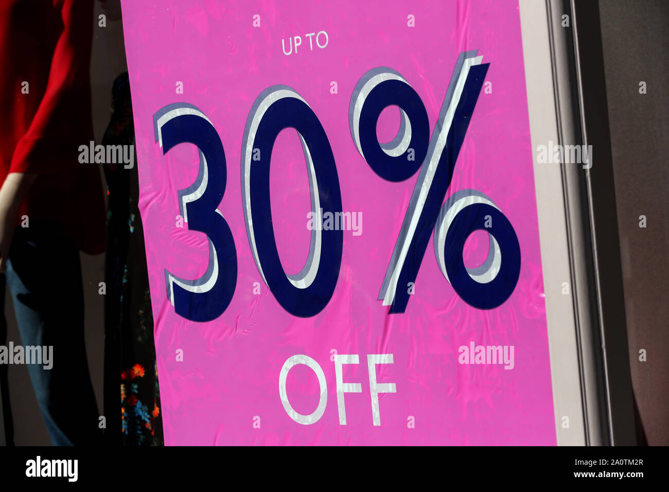 30% off sign in a shop window in Chichester, West Sussex, UK Stock ...