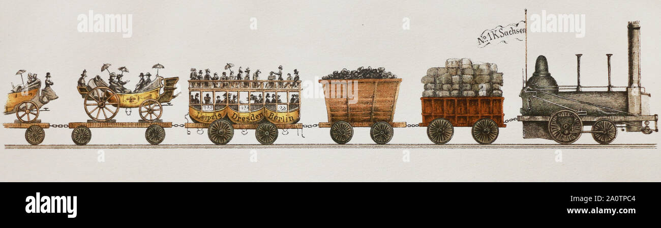 The first German train. Lithography of the 19th century Stock Photo - Alamy